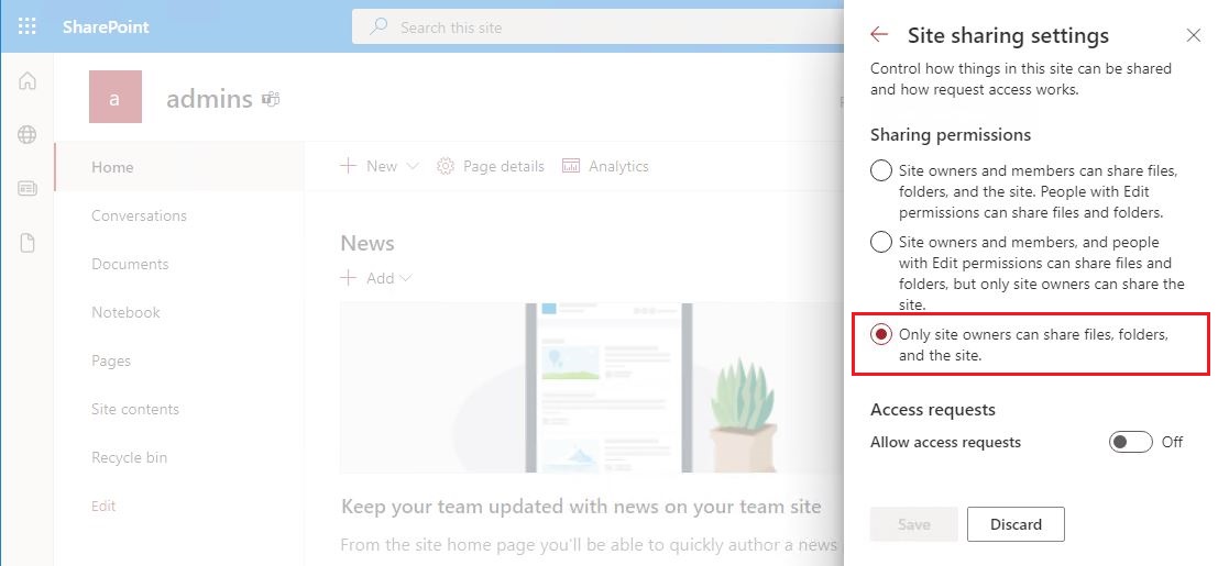Change default "Site sharing settings" for new SharePoint sites ...
