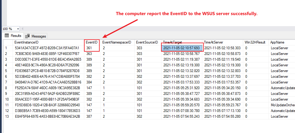 WSUS tbEventInstance Table TimeAtTarget column meaning - Microsoft Q&A