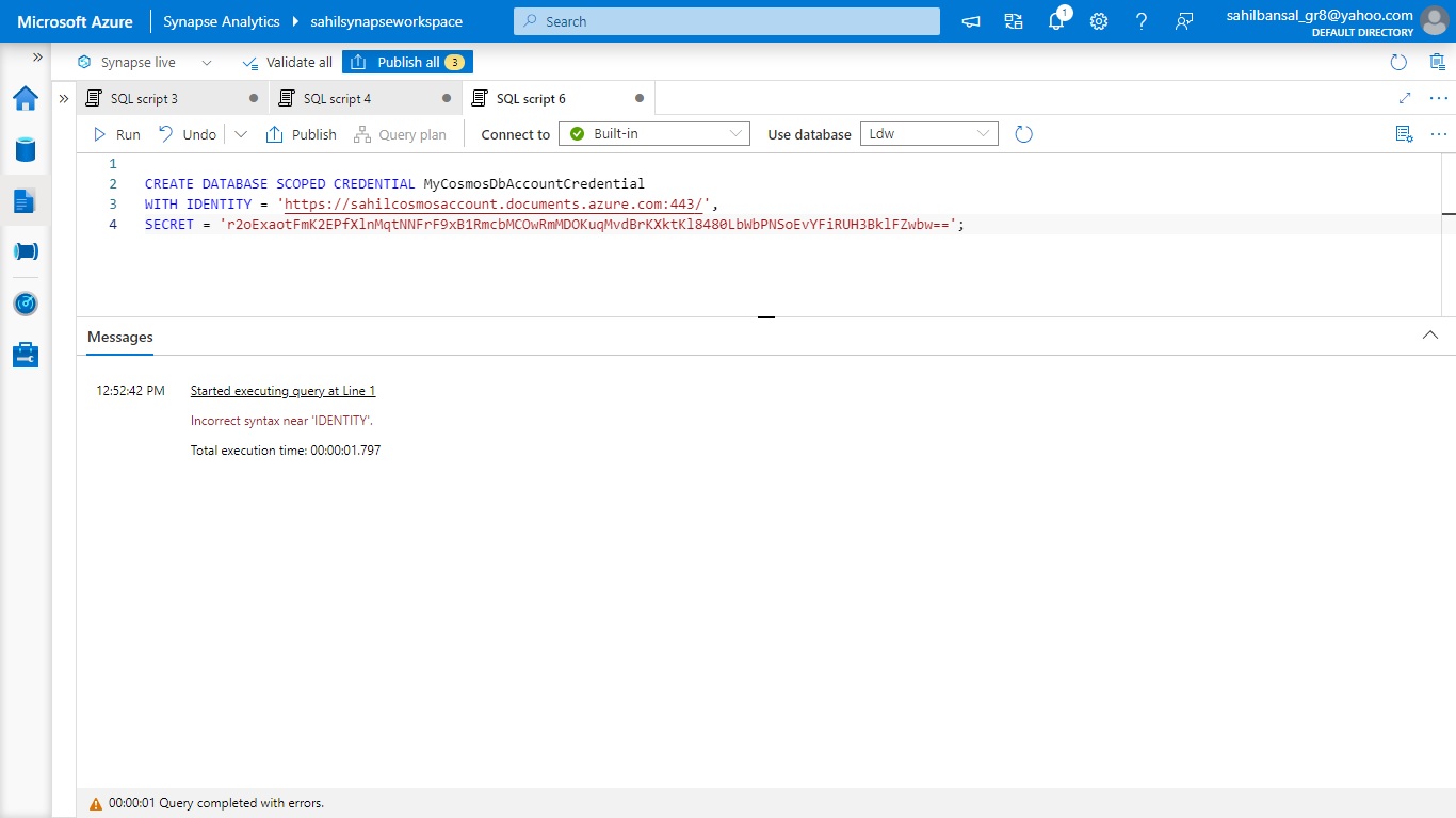Database scope credential Not getting created in Azure Synapse studio ... Database scope credential Not getting created in Azure Synapse studio ...