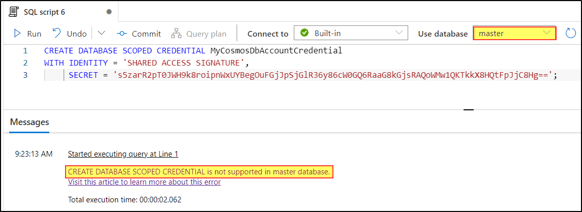 Database scope credential Not getting created in Azure Synapse studio ... Database scope credential Not getting created in Azure Synapse studio ...
