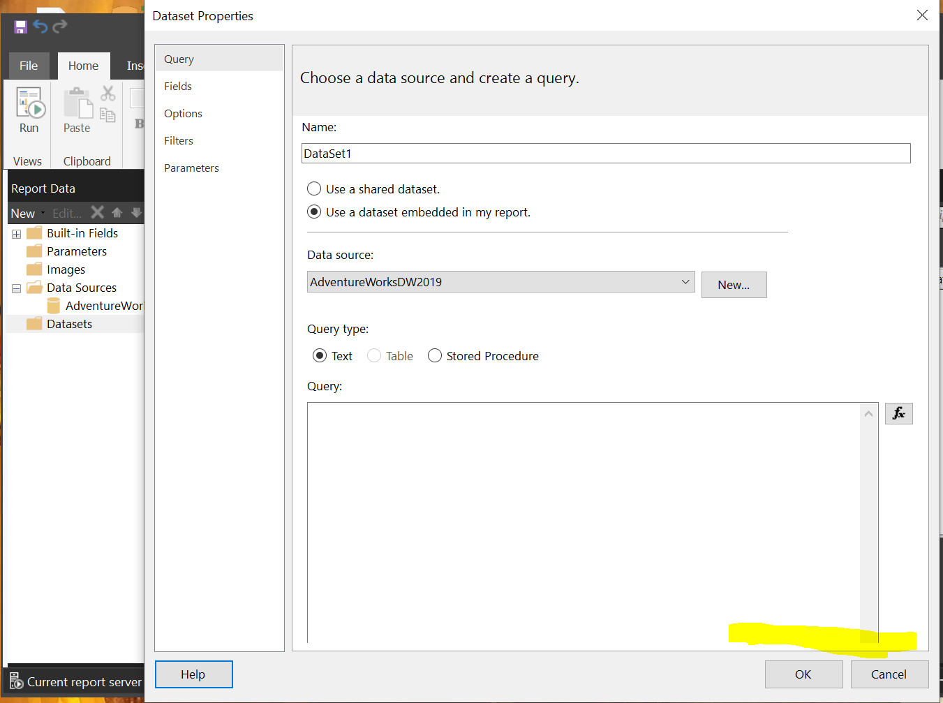 Report Builder Dataset Properties >>Use a Data Embedded Option> >Text ... Report Builder Dataset Properties >>Use a Data Embedded Option> >Text ...