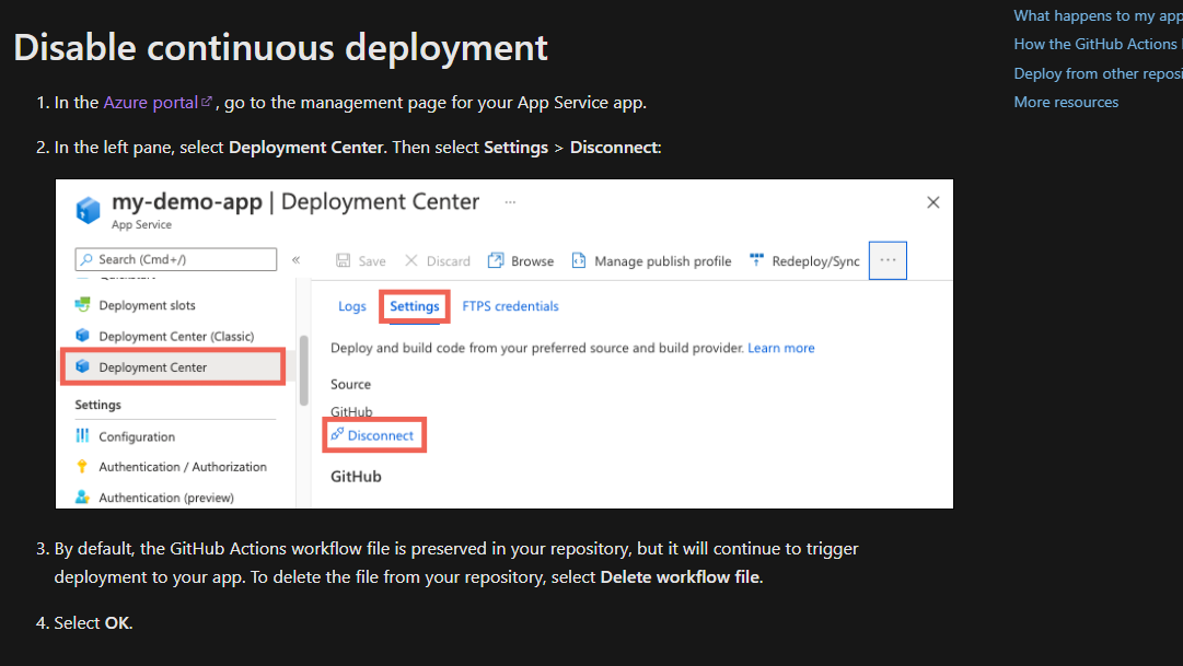 How Can I Disconnect My Deployment Source From My Azure Web App Deployment Center Using