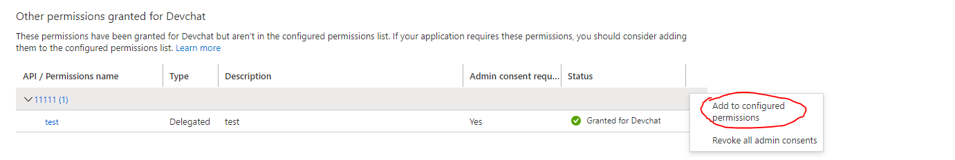 Unable To Move Other Permissions To Configured Permissions Using Graph Api Java