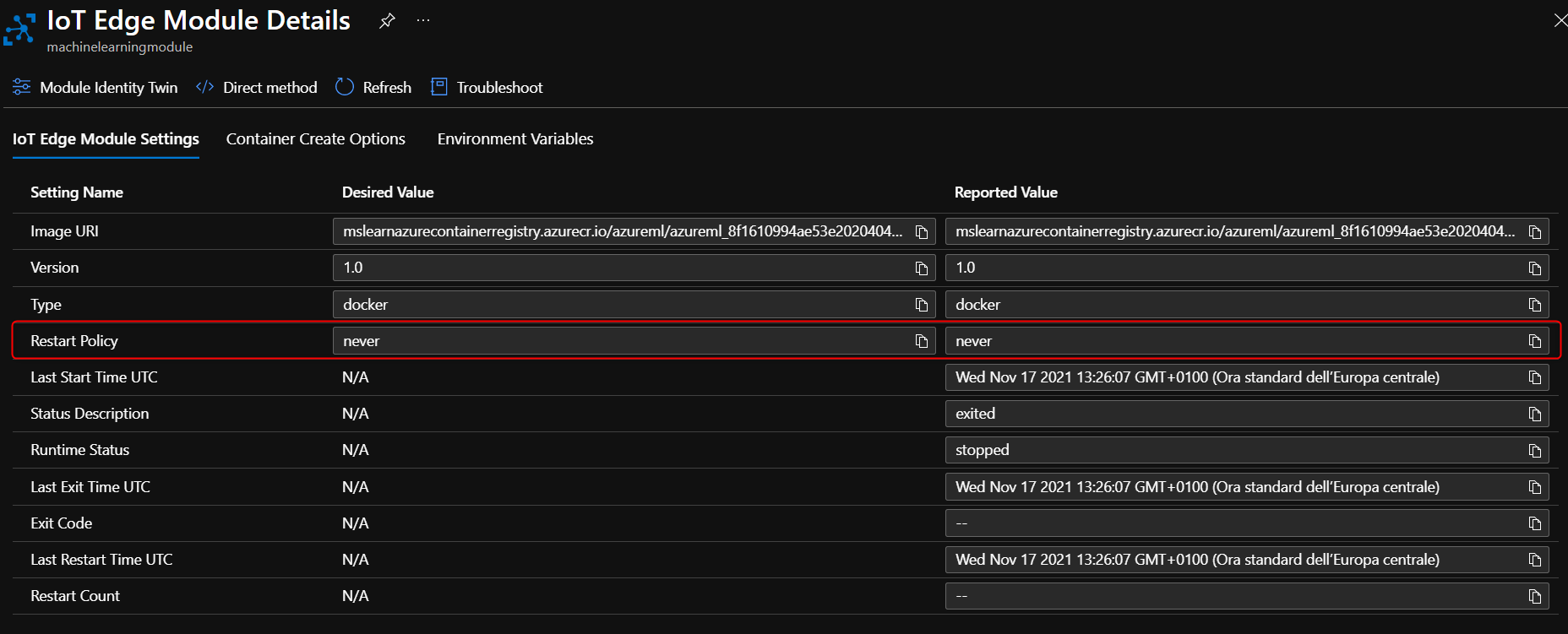 IoT Edge custom machine learning module reported error status ...