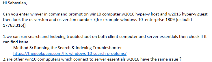 Windows Server 2016 Essentials: Problems with search - Microsoft Q&A
