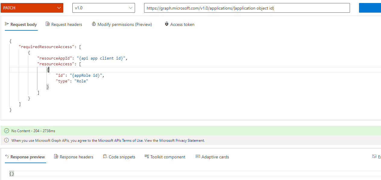 Unable to move "Other permissions" to "Configured permissions" using Graph API - Java ...