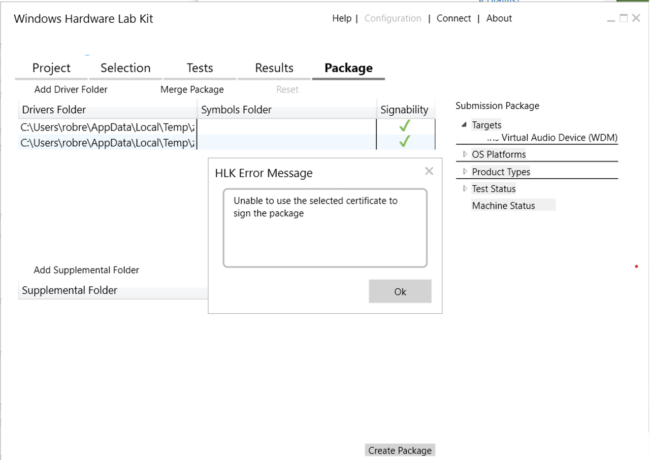 Unable to sign hlkx package using HLK studio in Win Server 2022 ...