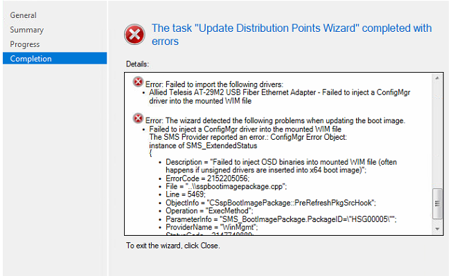 Showing Error while adding drivers to boot image in SCCM and updating ... Showing Error while adding drivers to boot image in SCCM and updating ...