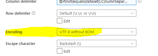 Adf Special Character Problem With Encoding Utf 8 Without Bom In Dataset Delimitedtext