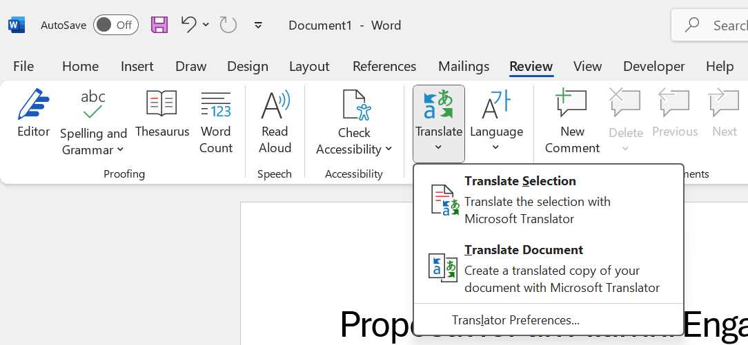 I can't get the transplate feature on word to work. All the settings ...