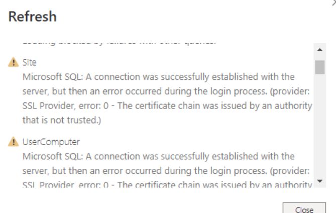 Power BI and SCCM SQL : Certificate chain was issued by n authority that is not truested ...