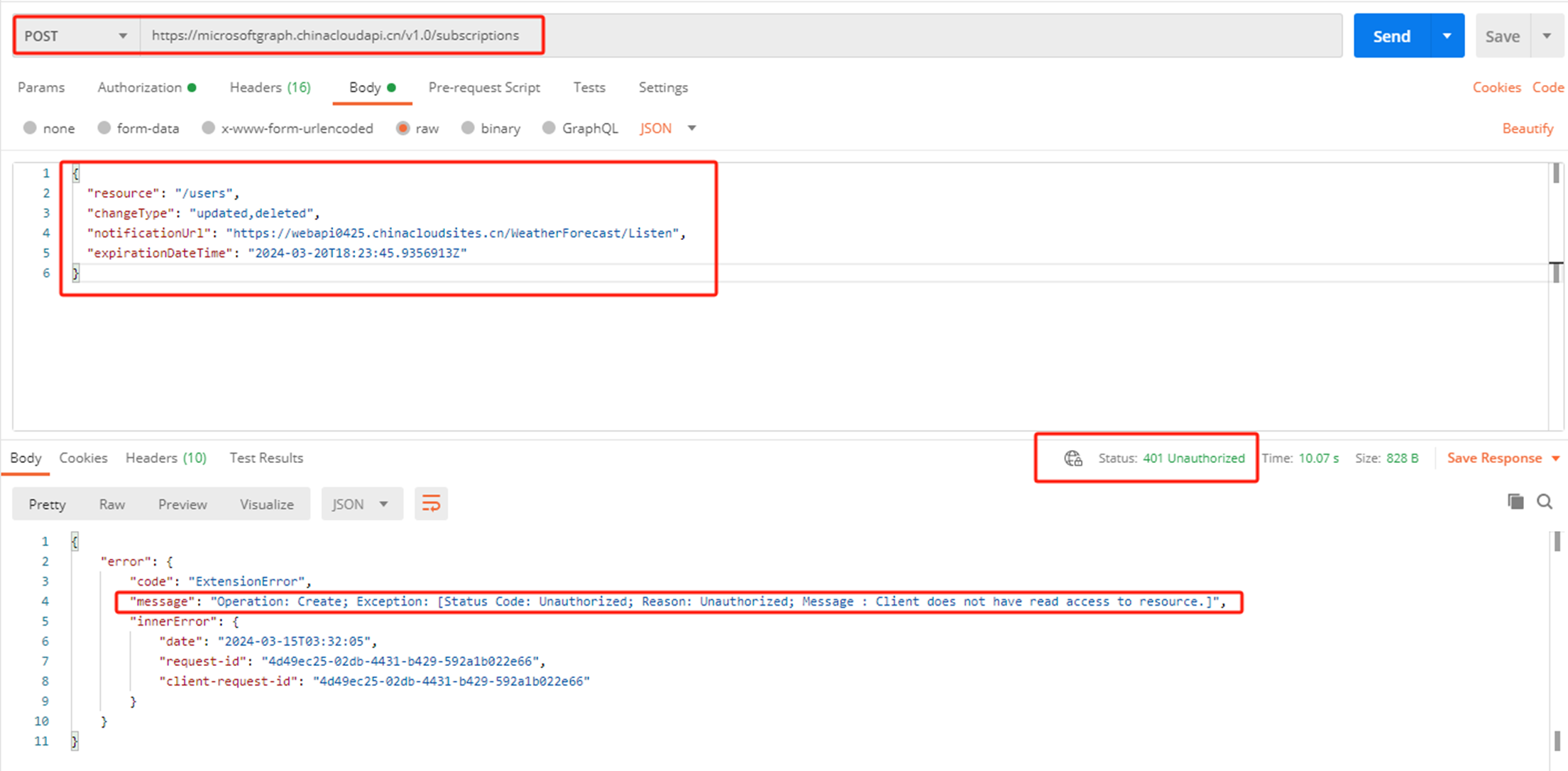 In Azure China, how to use the Microsoft Graph API to create a subscription and receive ...