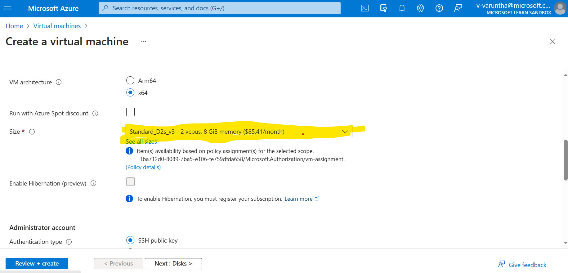 Excercise 'Create an Azure Resource' is not able to be completed as the 'Size' field is blank ...