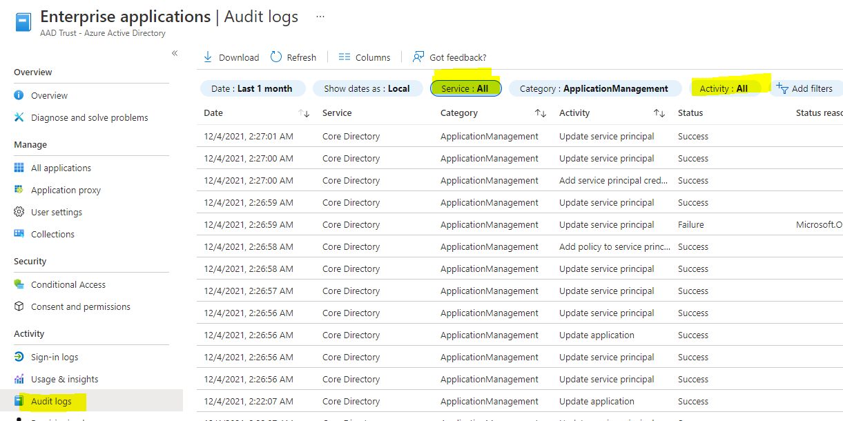Unable to view Azure applications audit logs - Microsoft Q&A
