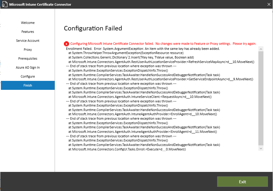 Certificate Connector - An item with the same key has already been added. - Microsoft Q&A