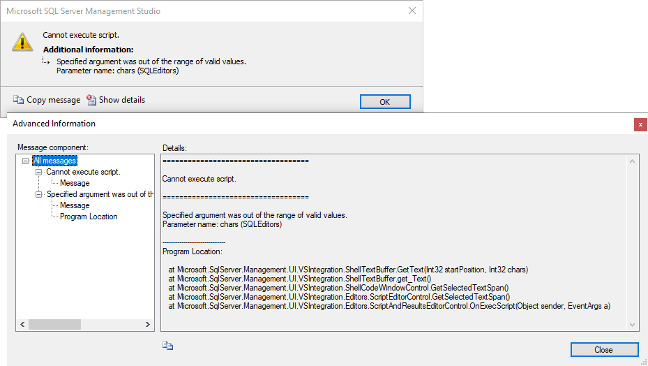 Ssms Cannot Execute Script Specified Argument Was Out Of The Range Of Valid Values 4359