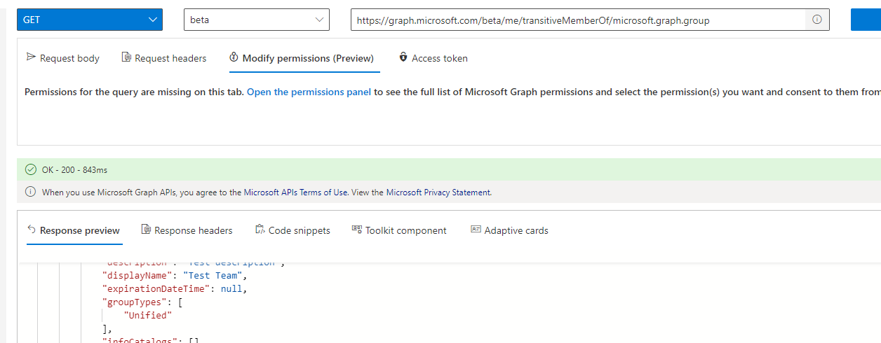 Get all the Azure Ad group names transitive of the signed in user using ...