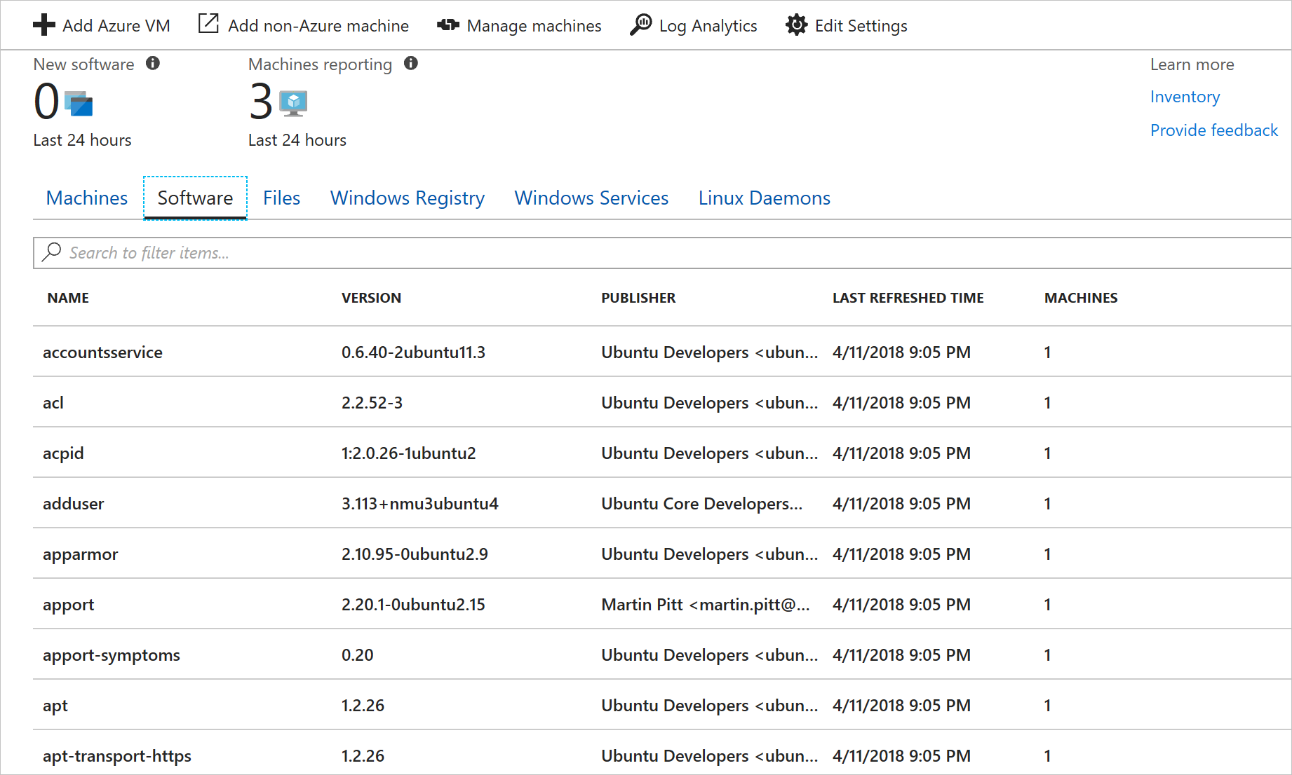Table in "Log analytics" which stores the list of apps installed in ...
