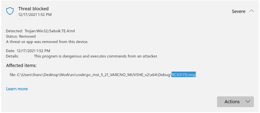 Microsoft Visual Studio 2019 triggering Windows Defender due to Trojan ...