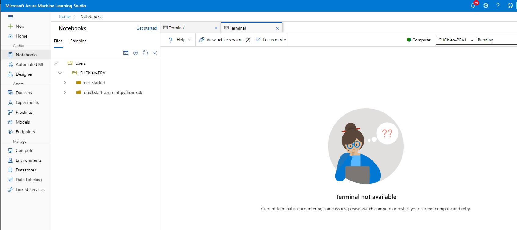 Azure Machine Learning Studio: terminal not connected to compute instance - Microsoft Q&A