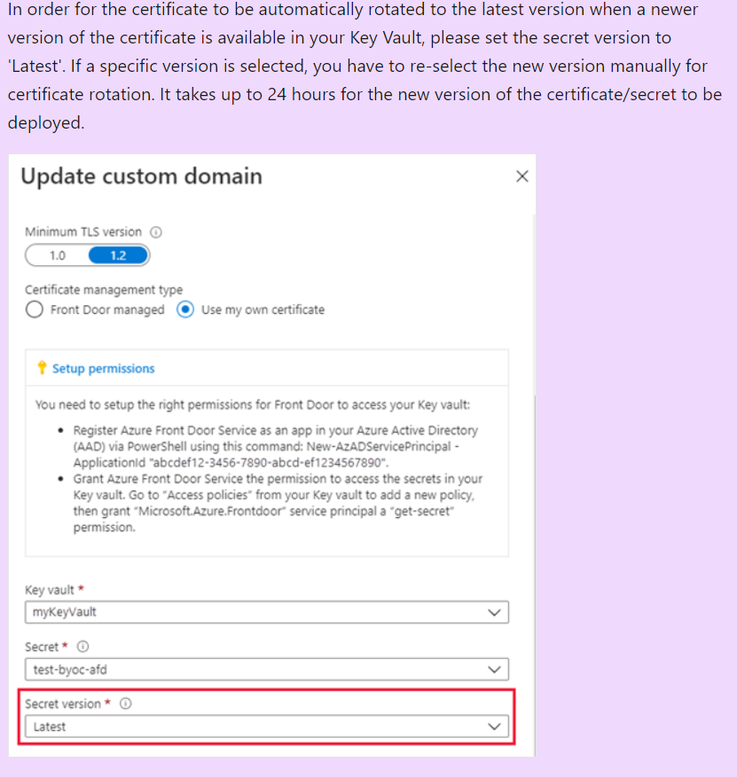 Not able to set Certificate/secret to Not able to set Certificate/secret to