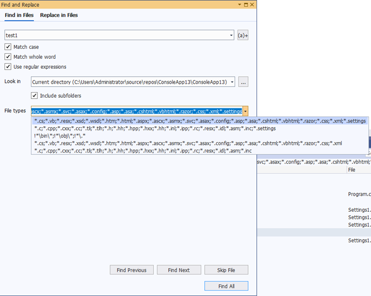 Why is the resource file "settings.settings" not in the "find and ...