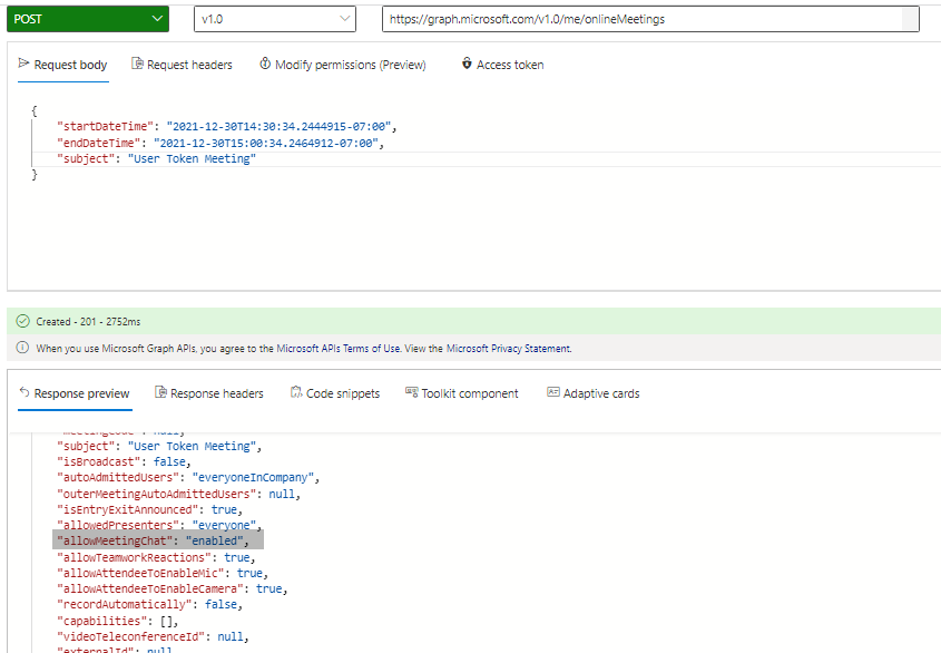 allowMeetingChat is not set according to its meetingChatMode in graph api patch request ...