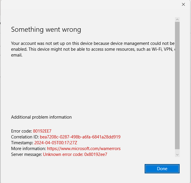 ERROR CODE :80192EE7. Your account was not setup in device because ... ERROR CODE :80192EE7. Your account was not setup in device because ...