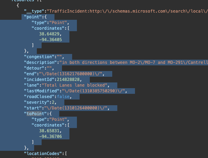 Bing Maps Traffic API: start end endpoint of traffic incident ...