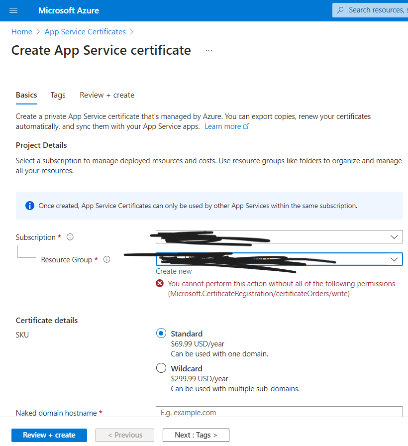 Unable to create new App Service Certificate due to Azure error - Microsoft Q&A