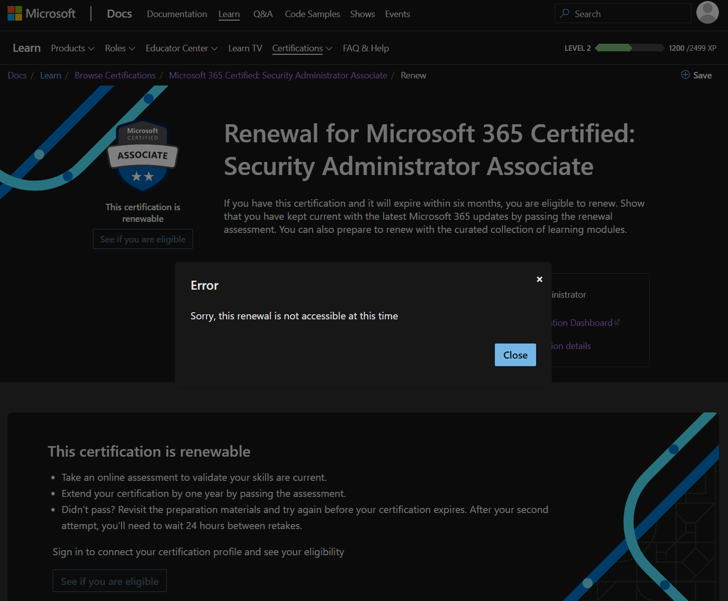 Renewal link does not work MS-500 - Microsoft Q&A