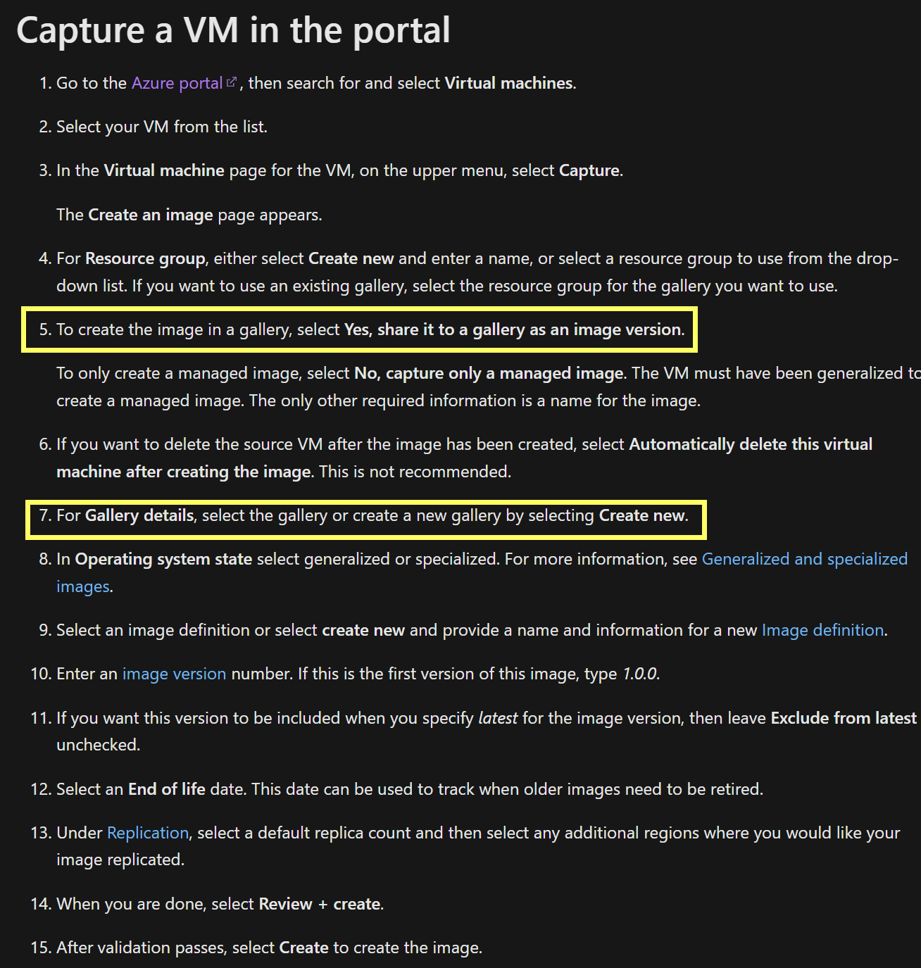 create an image based on the VM and image needs to be stored in the azured shared image gallery ...