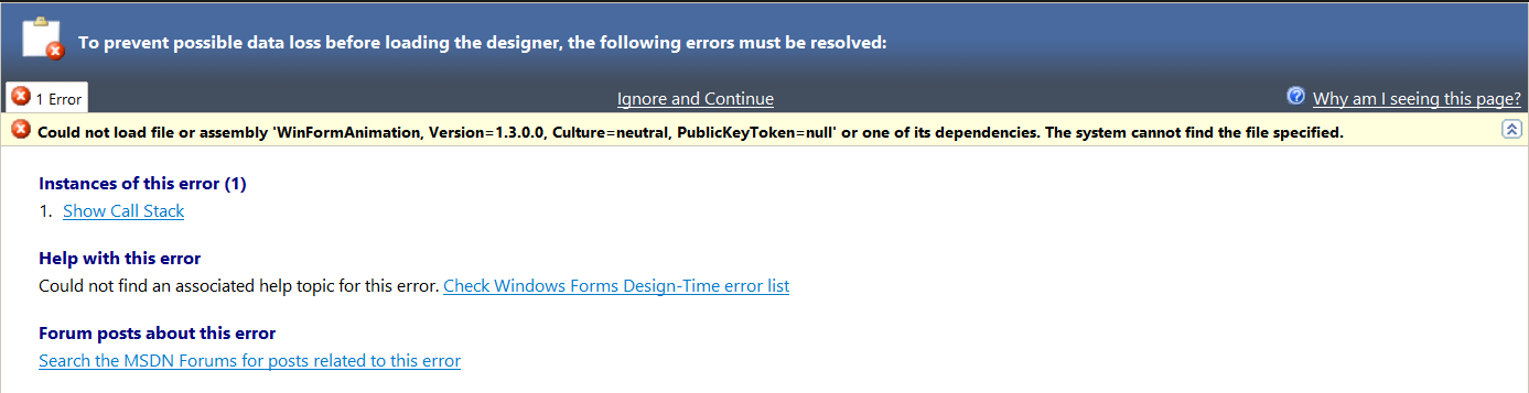 Could not load file or assembly 'WinFormAnimation, Version=1.3.0.0, Culture=neutral ...