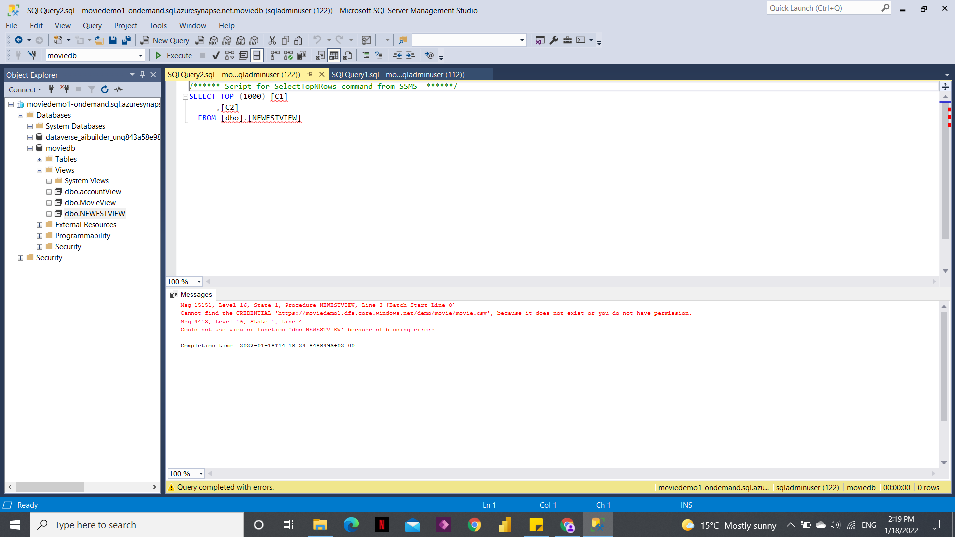 cannot access the storage gen 2 from SSMS using synapse connection ...