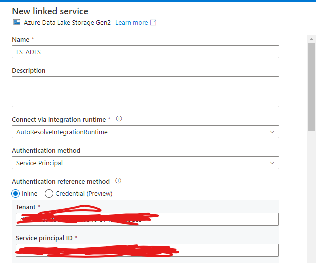 when Creating linked service for adls using service principle getting ...
