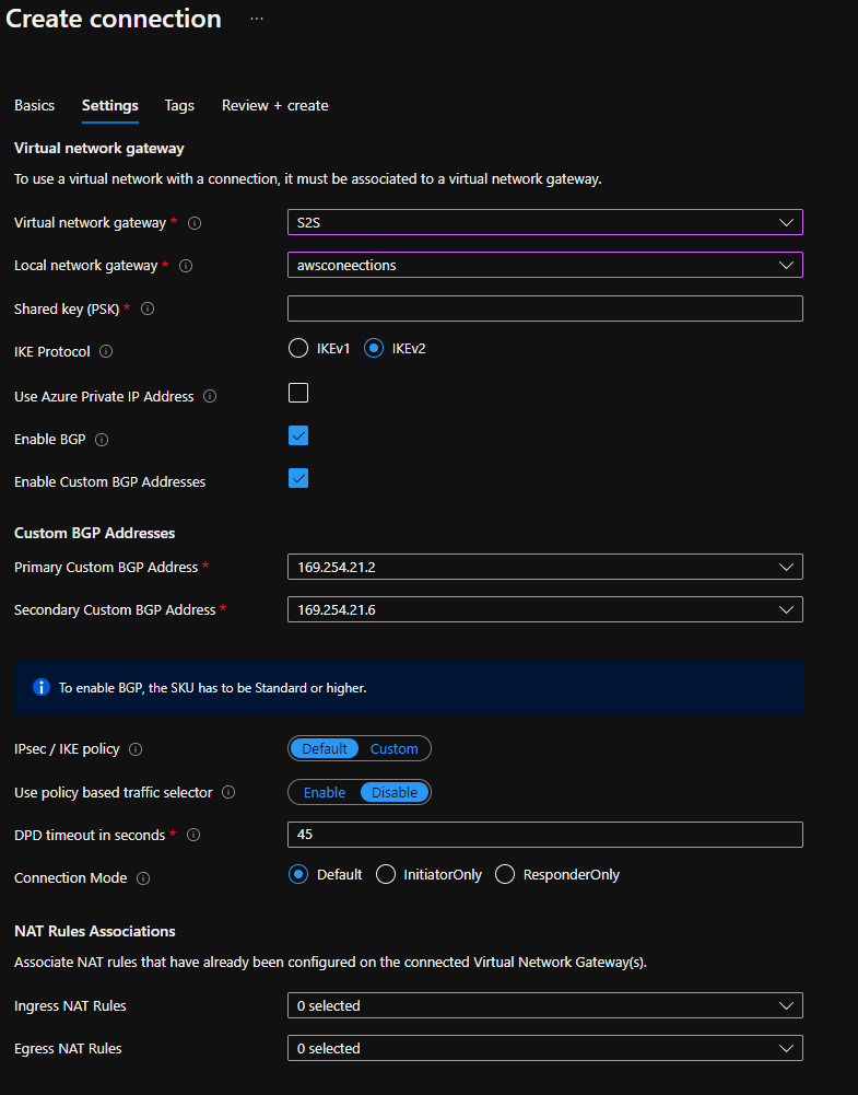 Unable To Enable Enable Custom Bgp Addresses When Adding A Vpn Connection Microsoft Qanda