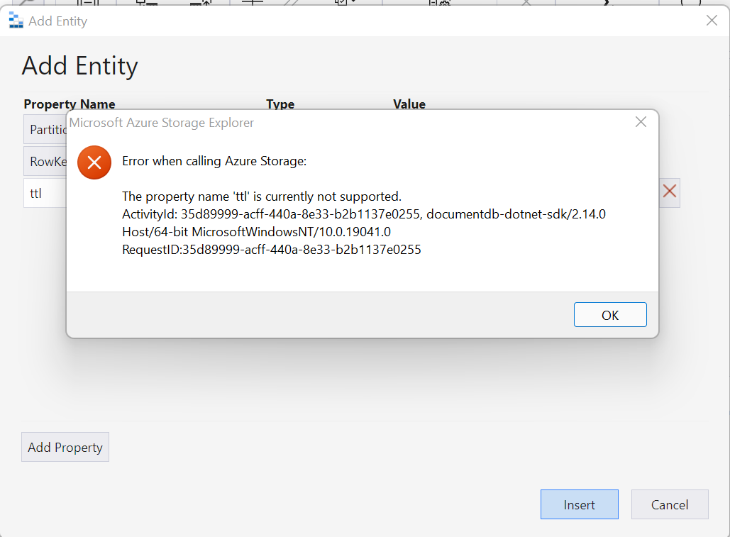 Setting TTL on entities in cosmos table via Azure.Cosmos.Table SDK throws exception - Microsoft Q&A