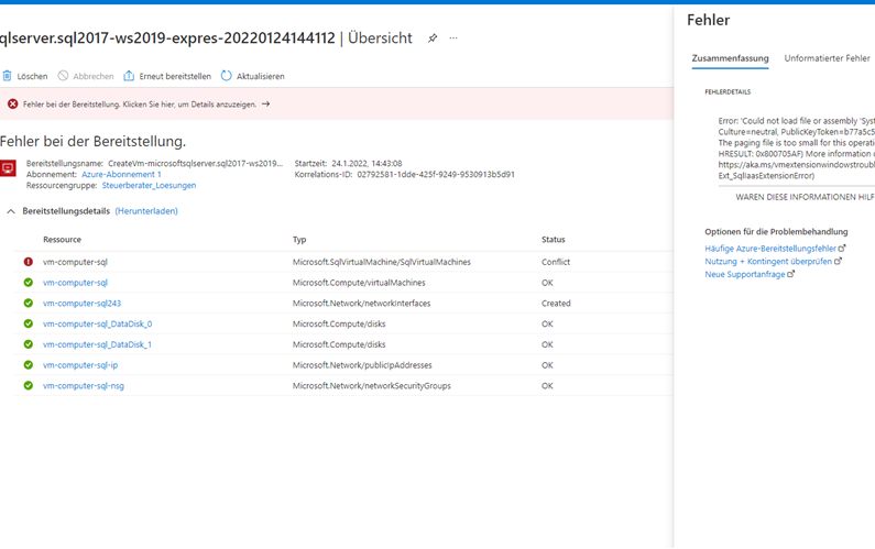 Got errors when creating an Azure SQL DB with VM - Microsoft Q&A