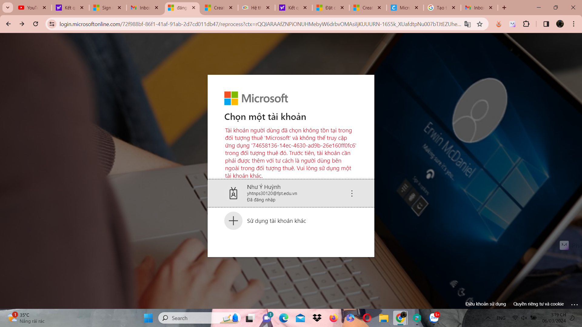 AADSTS50020: User account '******@gmail.com' from identity provider 'live.com' does not exist in ...