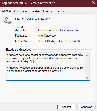 Problemas con driver Intel RST VMD Controller 467F - Microsoft Q&A