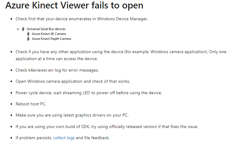 Failed to start device - Azure Kinnect - Microsoft Q&A