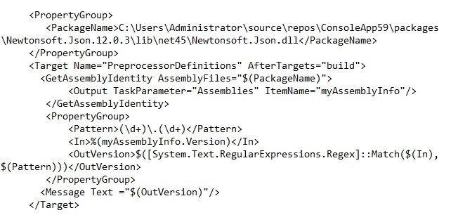 Read a nuget package library version in the target assembly during ...