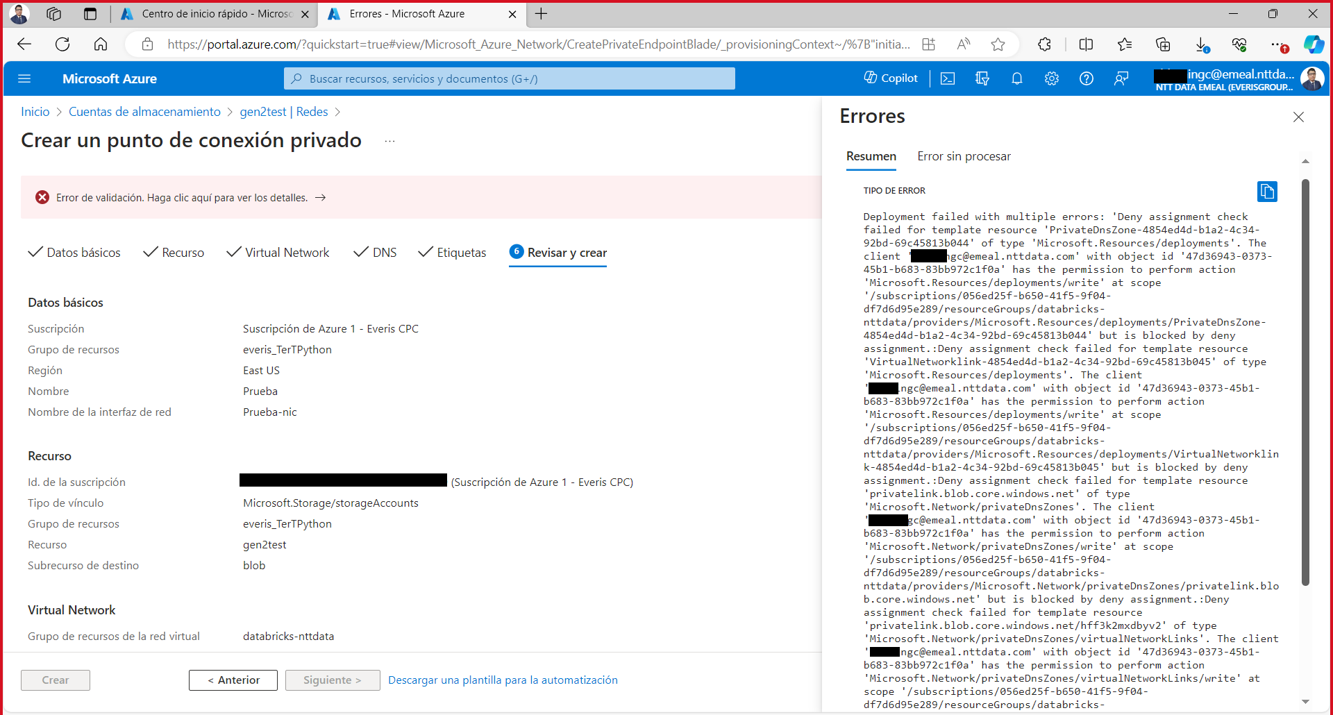 ayuda con creación de punto de conexion privado dns - Microsoft Q&A