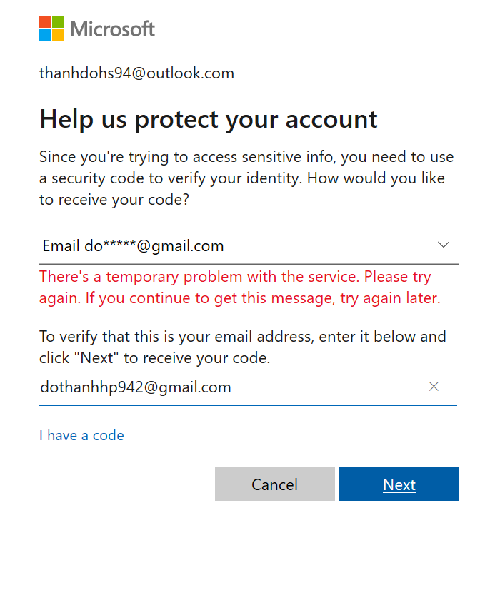 can no send the email have code to my email to use Personal Vault ...