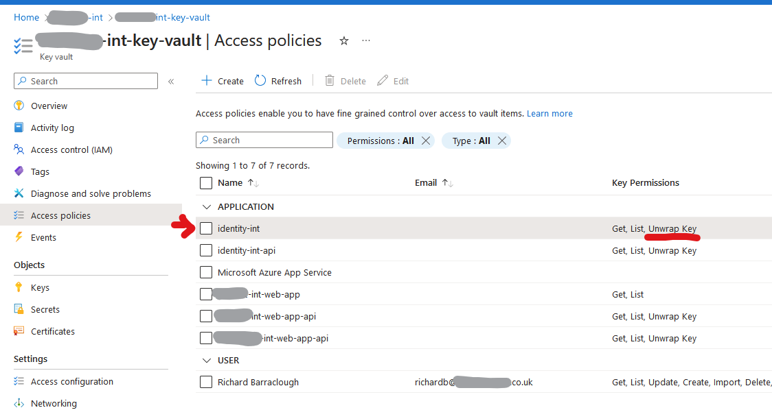 The user, group or application ... does not have keys unwrapKey ...