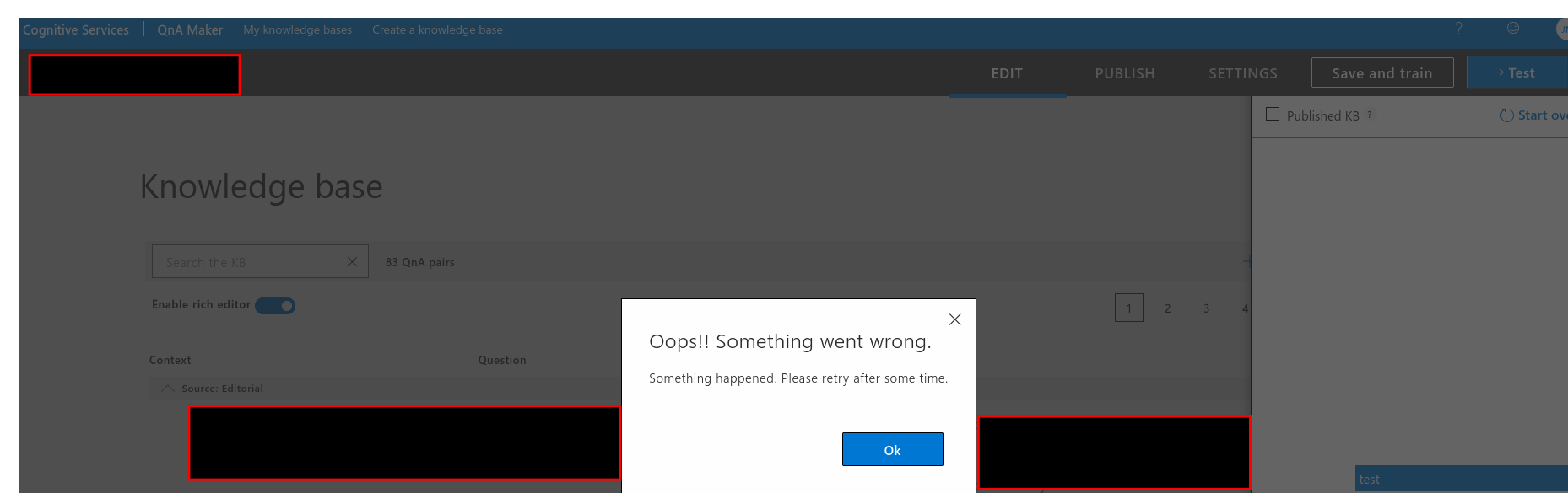 Testing An Utterance In Qna Maker Is Returning A 500 Error Microsoft Qanda
