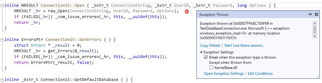 Opening database with ADO in C++ throws exception in x64 - Microsoft Q&A Opening database with ADO in C++ throws exception in x64 - Microsoft Q&A
