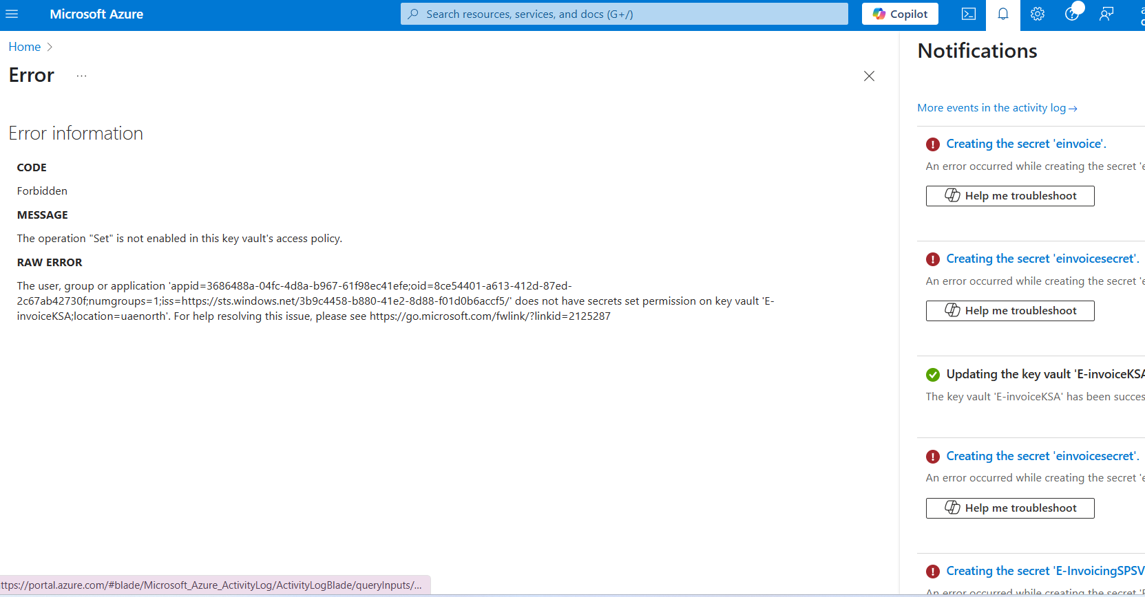 Error in creating the secret Key Vault - Microsoft Q&A