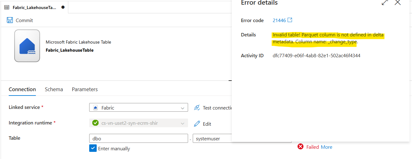 Getting Error while pulling data from fabric lakehouse table: Error code 21446 Details Invalid ...