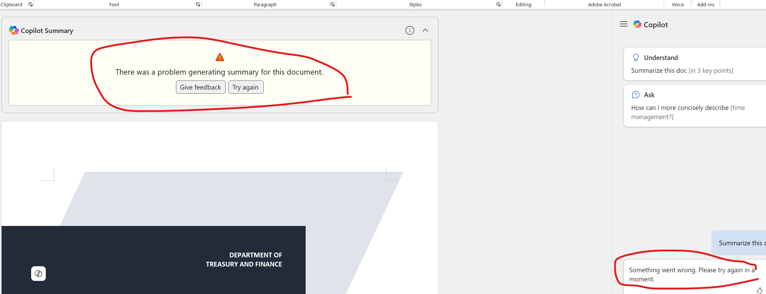 Copilot Fails To Summarise An Open Document In Word Microsoft Qanda 